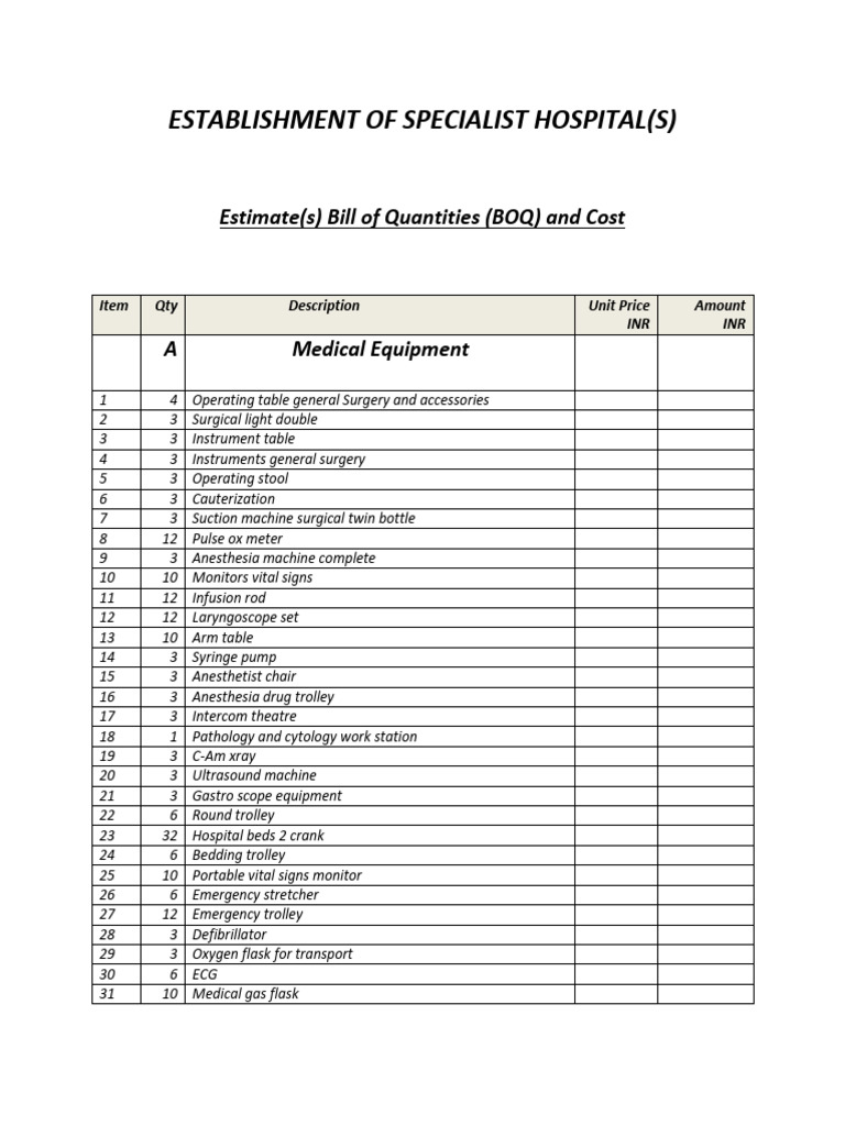 Establishment of Specialist Hospital (S) : Estimate(s) Bill of ...
