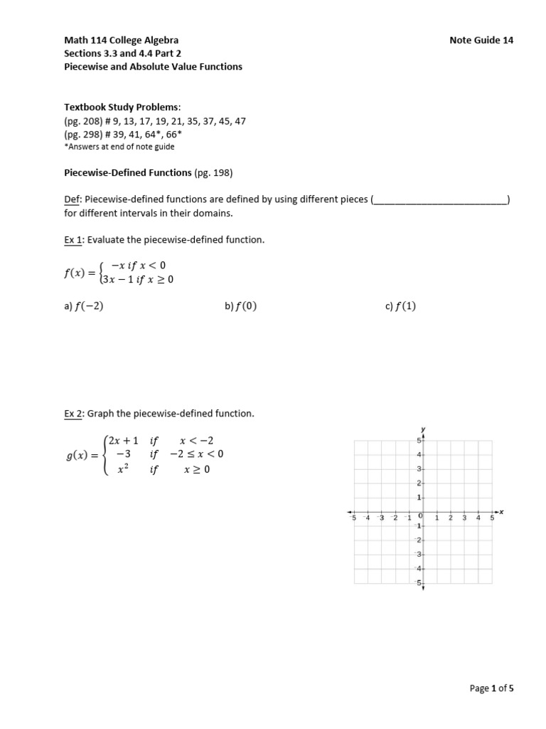 Sections 3.3 - 4.4 Part 2 Piecwise and Absolute Value Functions | PDF