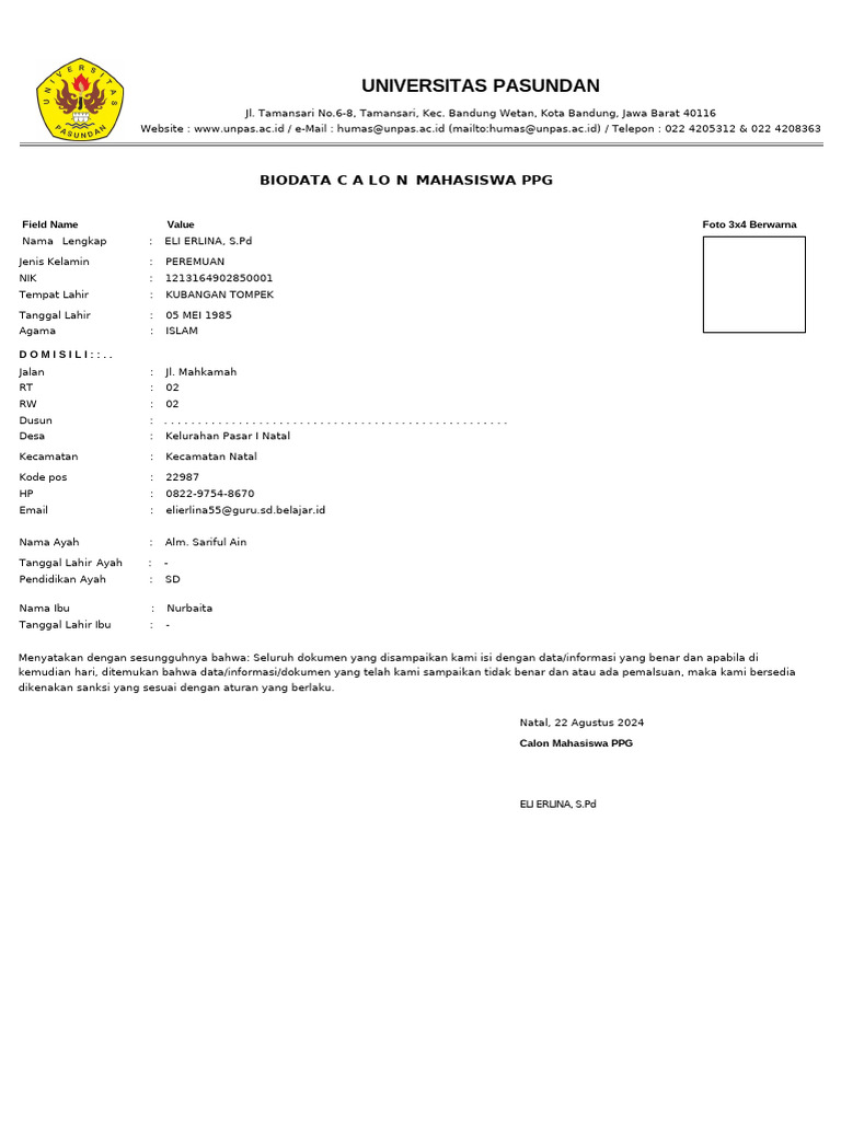 Biodata Mahasiswa PPG | PDF