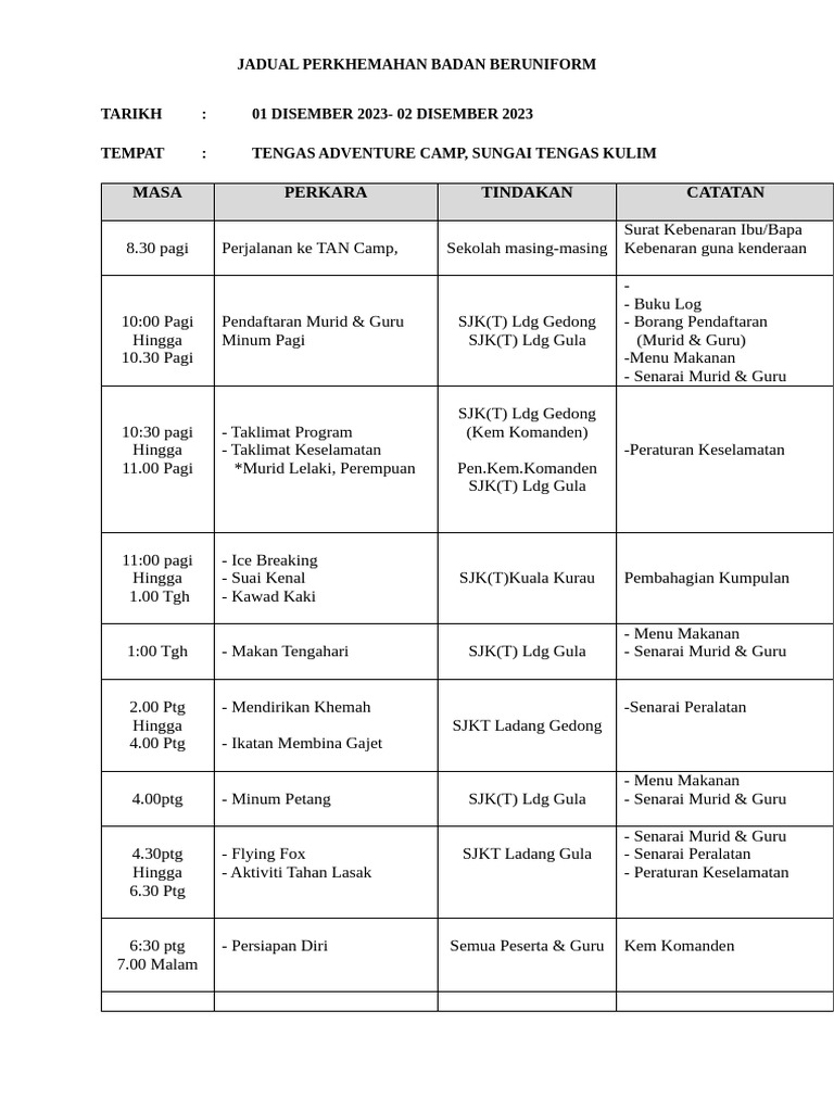 Jadual Perkhemahan | PDF