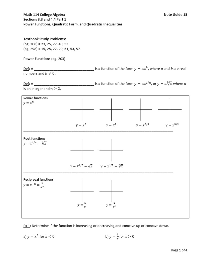 Sections 3.3 - 4.4 Part 1 Power Functions and Quad Inequalities | PDF