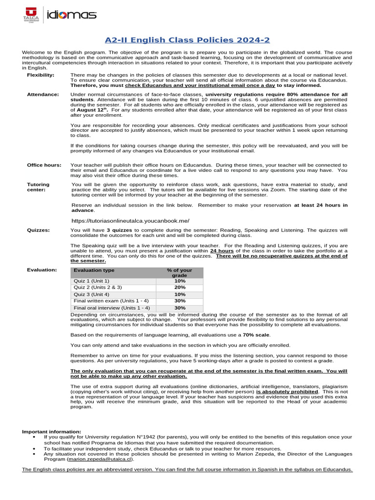 FINAL A2-II English Class Policies 2024-2 | PDF