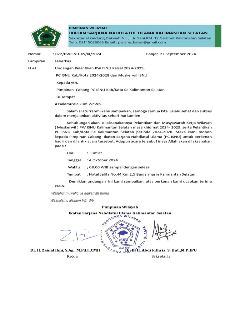 Undangan Pelantikan PW & PC ISNU | PDF