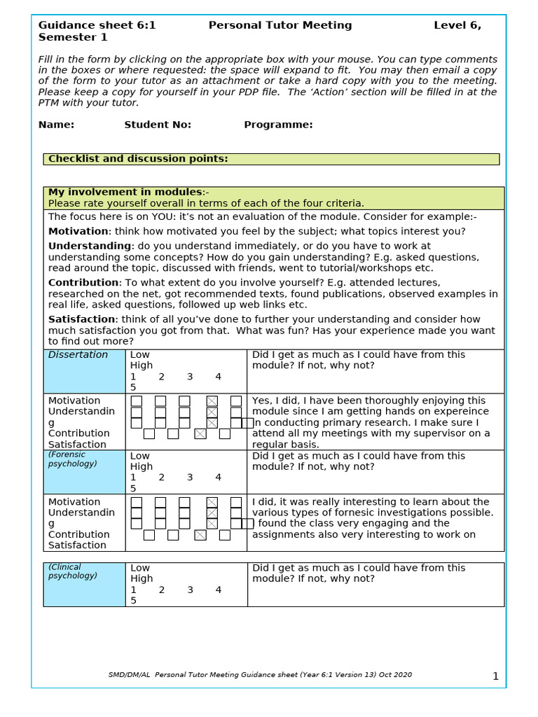 Guidance Sheet 6:1 Personal Tutor Meeting Level 6, Semester 1 | PDF