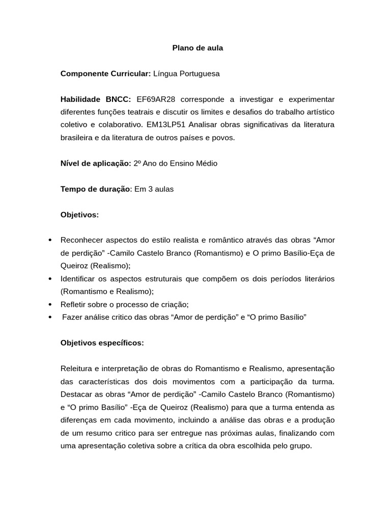 Plano de Aula de Literatura Portuguesa Ii | PDF