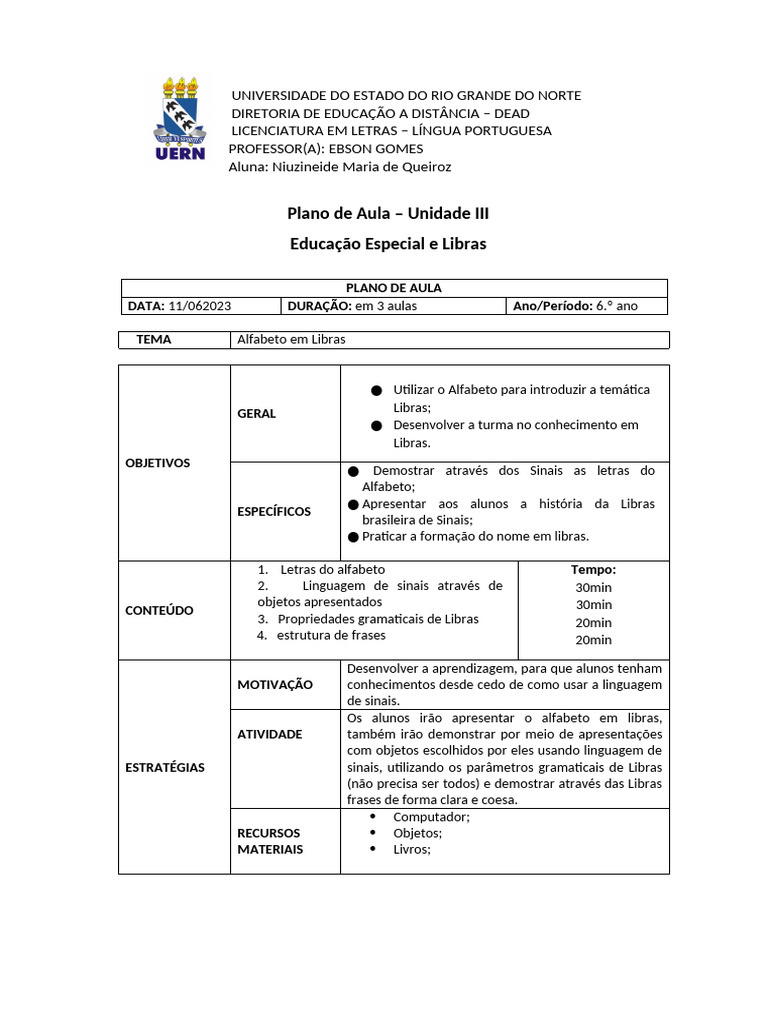 Plano de Aula de Libras | PDF