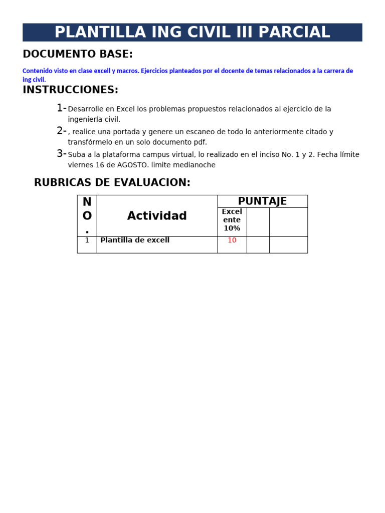 Plantilla Excel Ing Civil Iii Parcial | PDF
