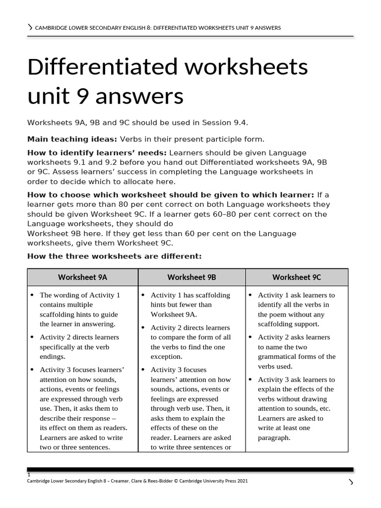 LS English 8 U9 Diff Worksheets Answers | PDF