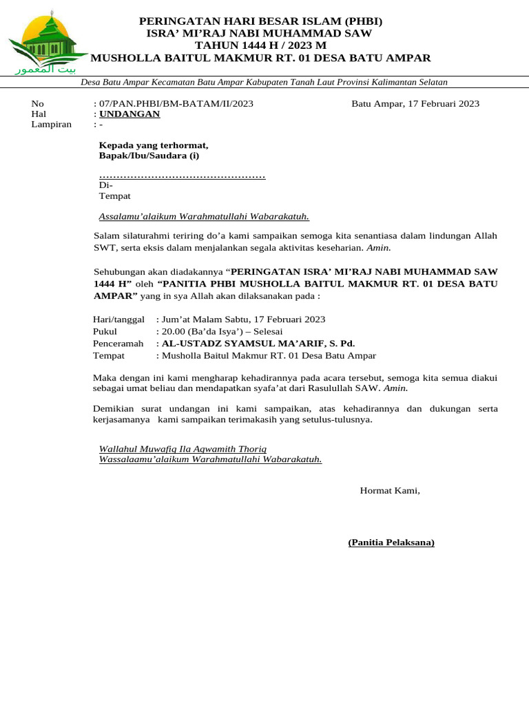 UNDANGAN PHBI Isra' Mi'raj 1444 H | PDF