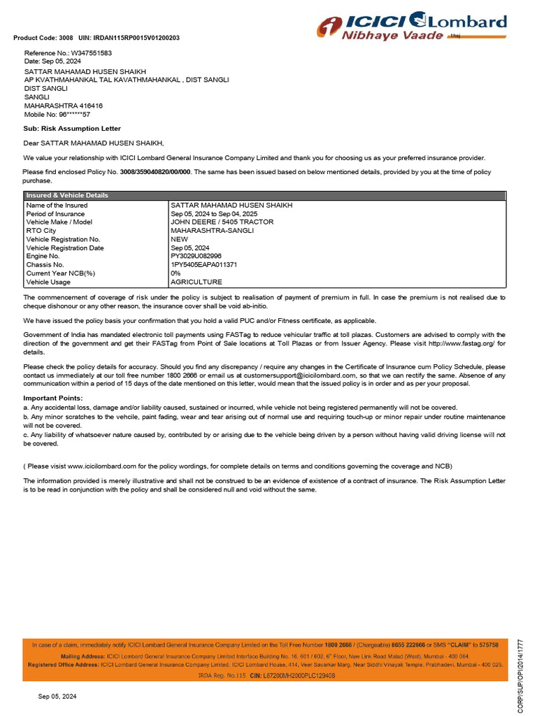 Sub: Risk Assumption Letter: Insured & Vehicle Details | PDF