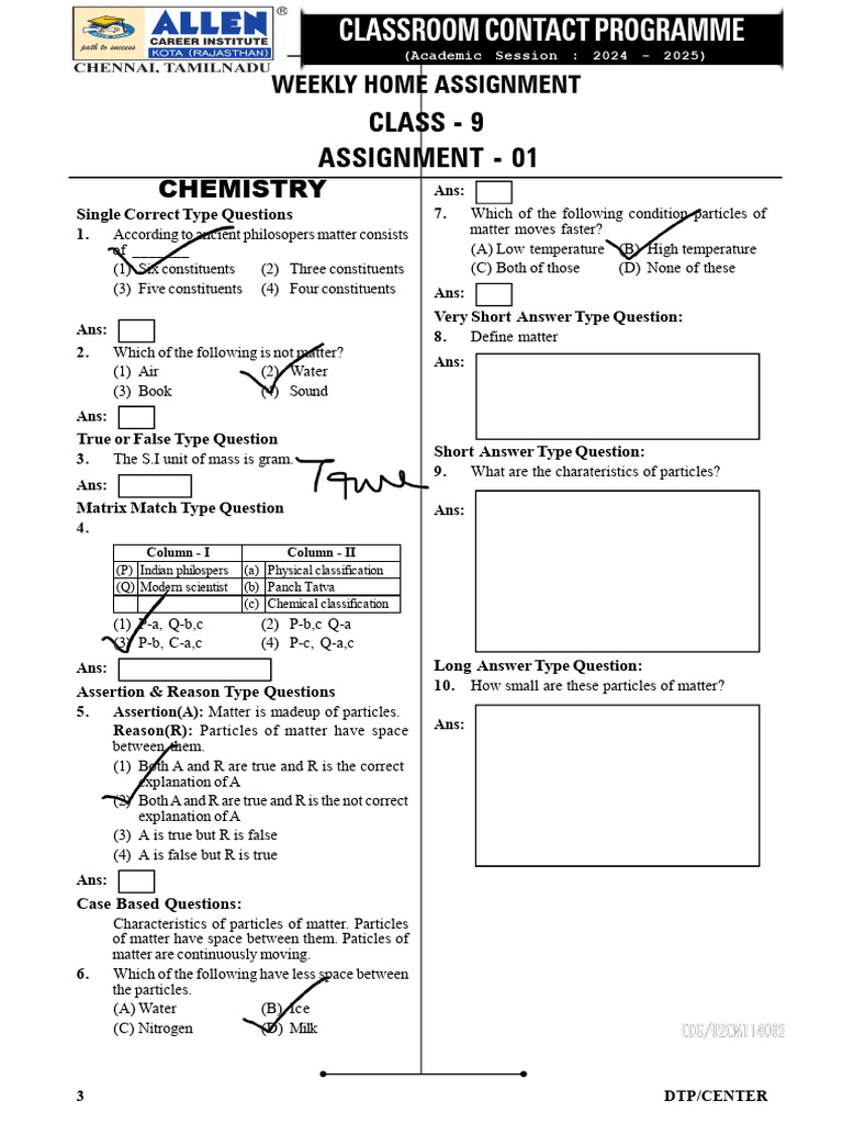 Week-01 - Class-09 - Home Assign - 24-25 - Chemistry | PDF