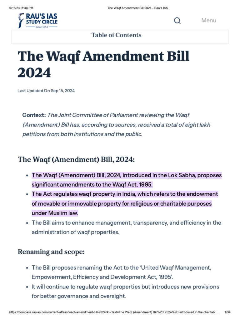 The Waqf Amendment Bill 2024 - Rau's IAS | PDF