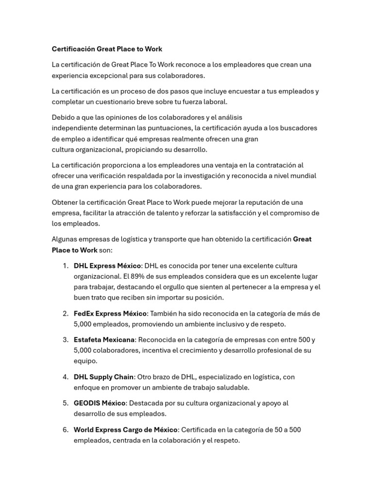 Certificación Great Place To Work | PDF