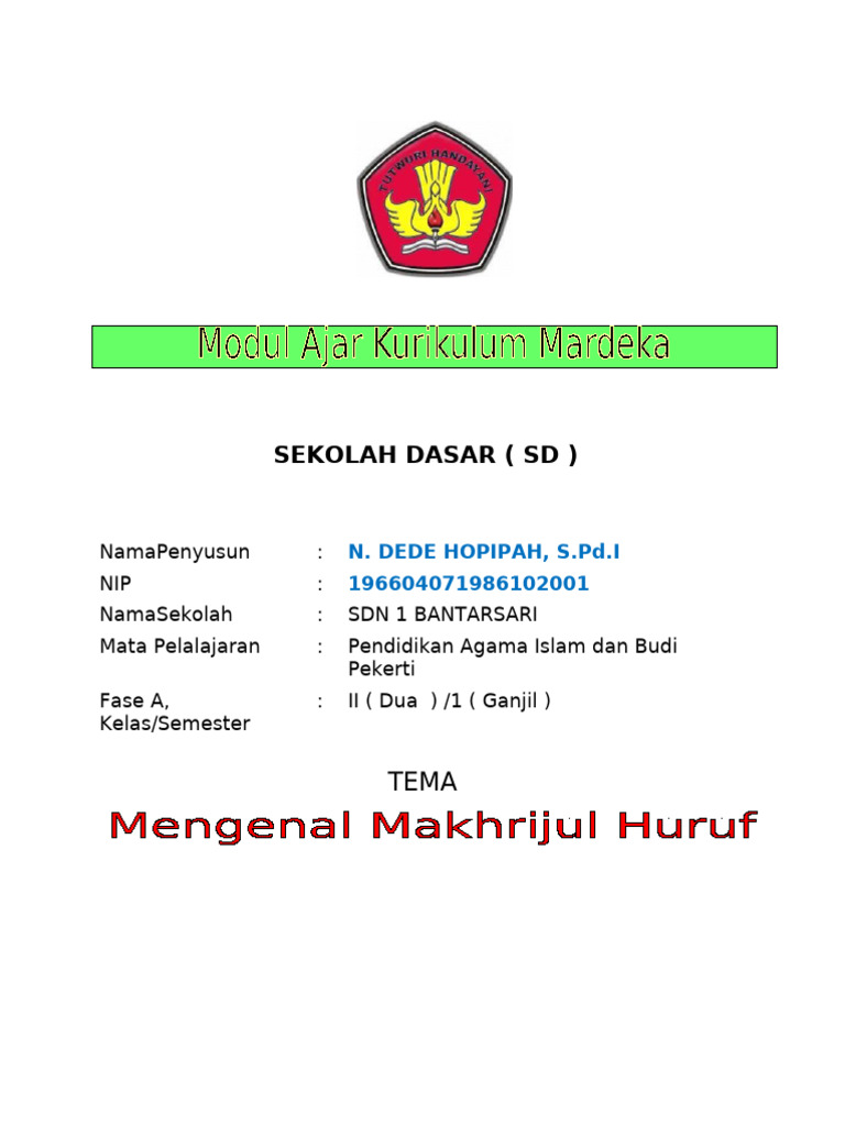 MODUL AJAR KELAS 2 BAB 1 MAKHRIJUL HURUFdocx | PDF