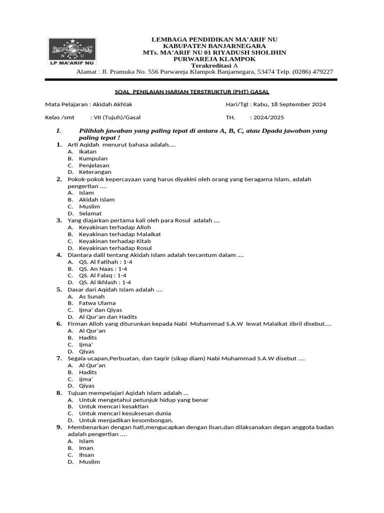 B. SOAL, KUNCI JWB PHT-UTS s.1, 7 '24-25 | PDF
