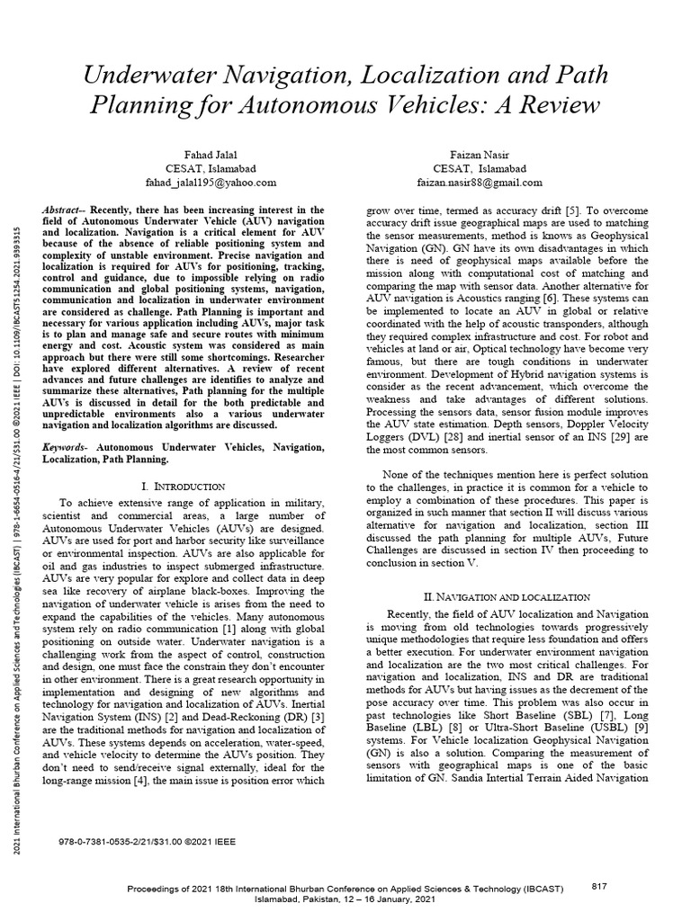 Underwater Navigation Localization and Path Planning For Autonomous Vehicles A Review | PDF