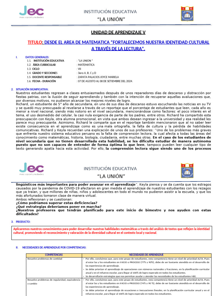 Unidad de Aprendizaje N05 Tercer Grado | PDF | Ecuaciones | Números