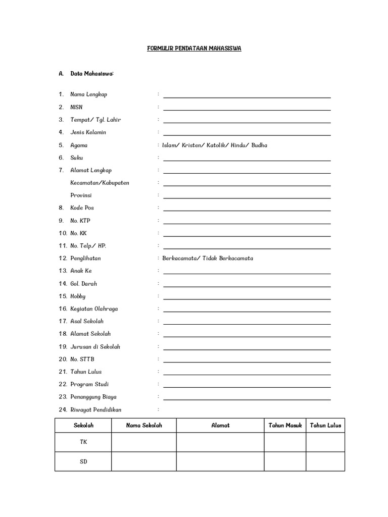 Formulir Pendataan Mahasiswa 2024 | PDF