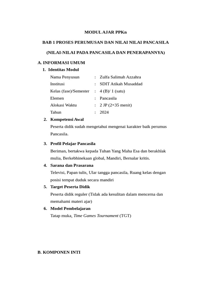 Modul Ajar Penerapan Sila Di Lingkungan Sekolah Dan Rumah | PDF