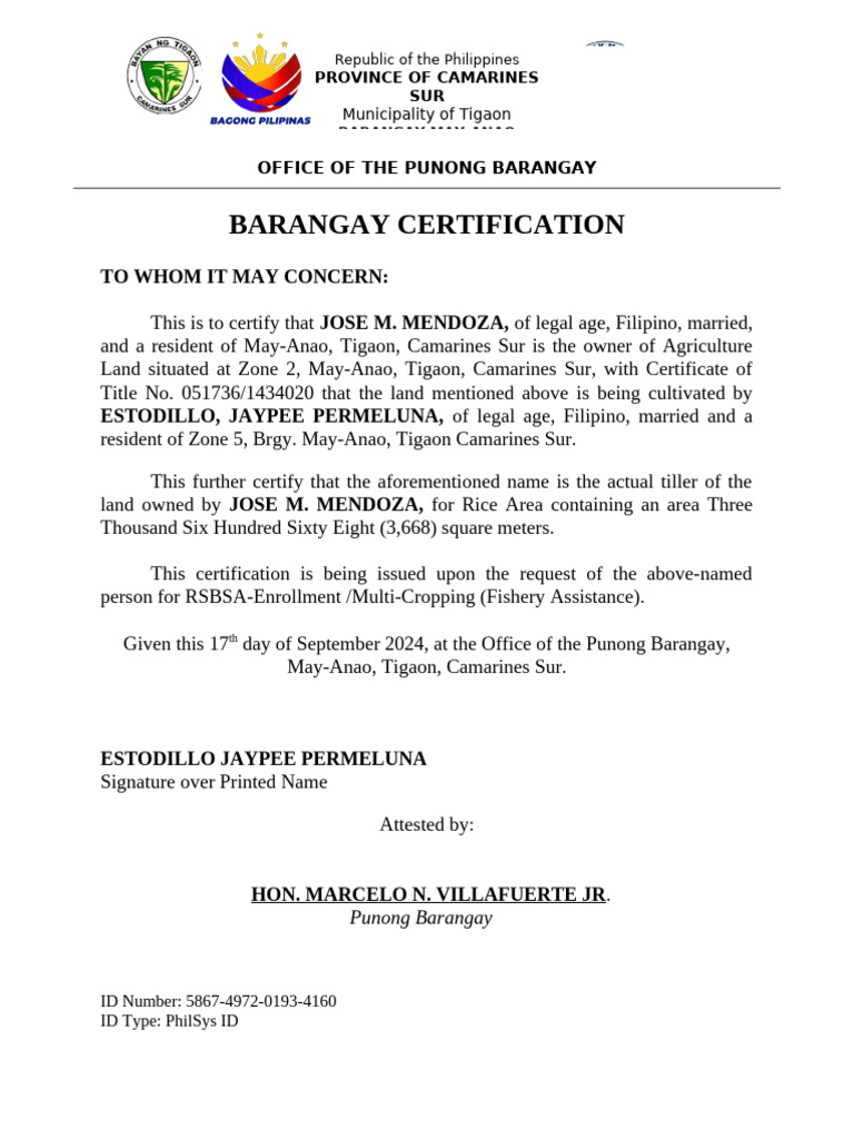 Certification Da Rsbsa | PDF