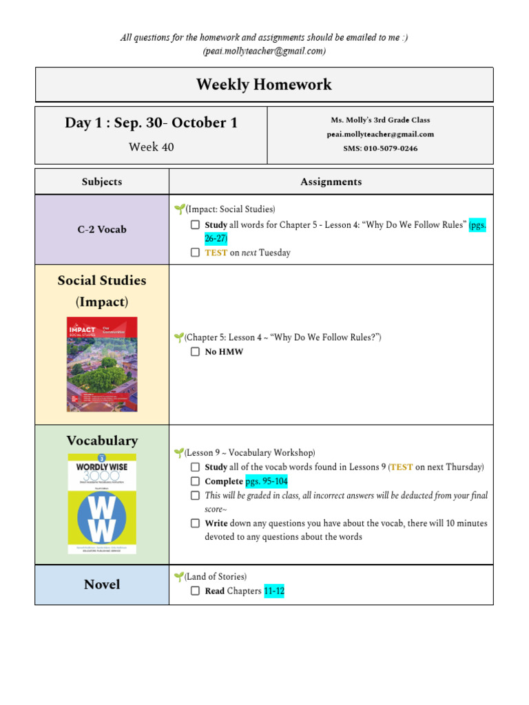 G3 Week 40 HMW Sheet | PDF