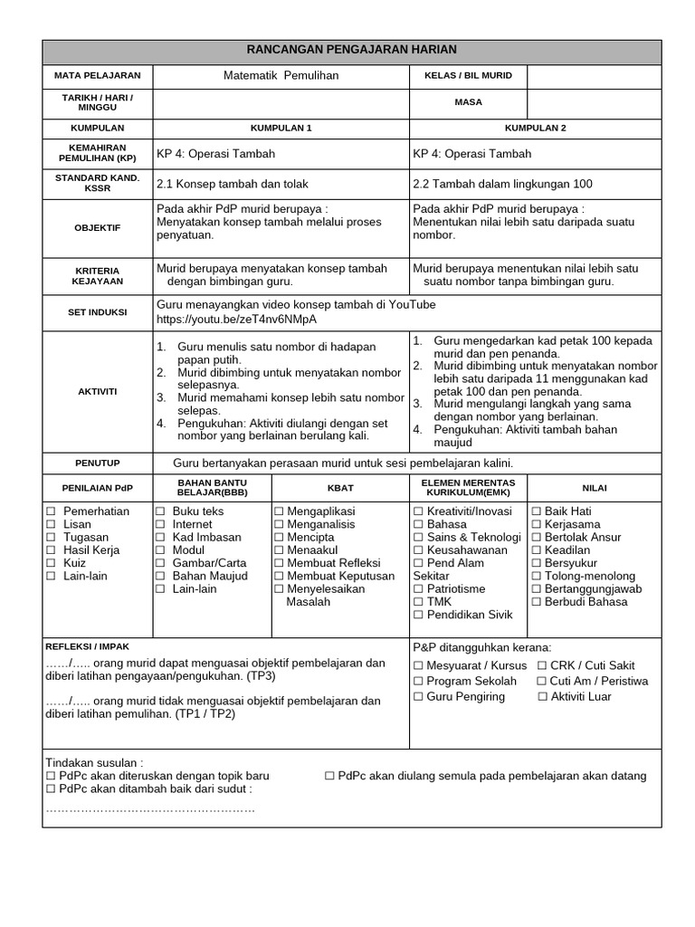 RPH KP4 Operasi Tambah Dalam Lingkungan 10 | PDF
