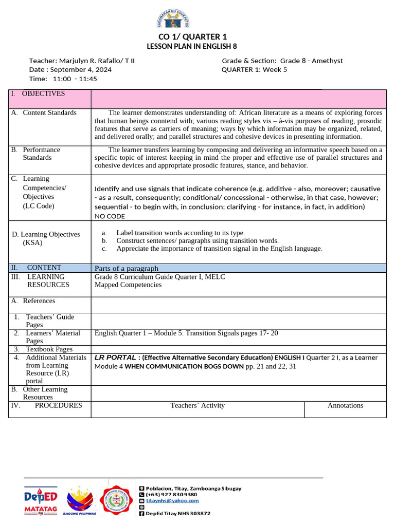 DLL Type Lesson Plan Co 1, August 30, 2024 A4 - Portrait - Template ...