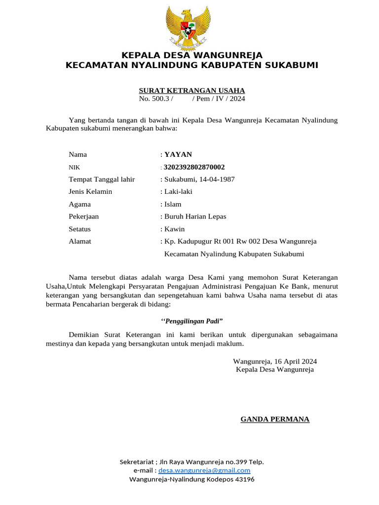 SURAT KETRANGAN USAHA Yayan | PDF