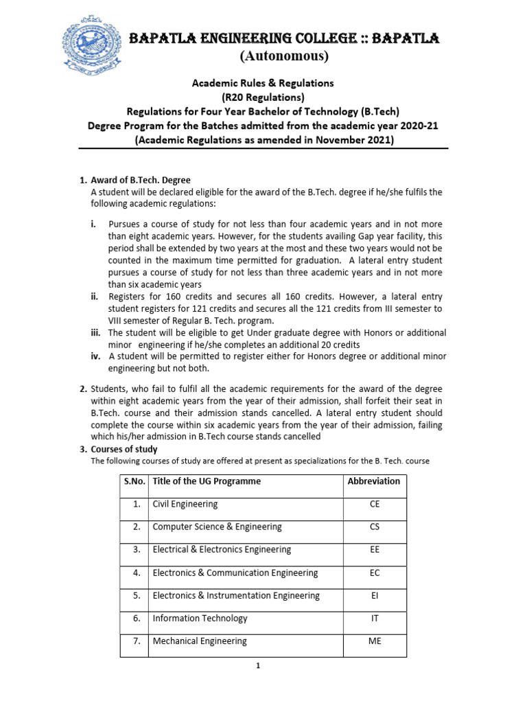 Academic Rules and Regulations R20 | PDF | Academic Degree | Computers