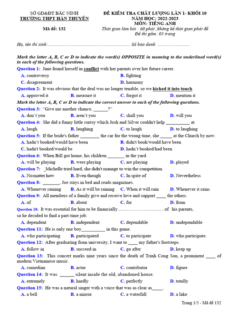 De Kiem Tra Tieng Anh 10 Lan 1 Nam 2022 2023 Truong THPT Han Thuyen Bac Ninh | PDF