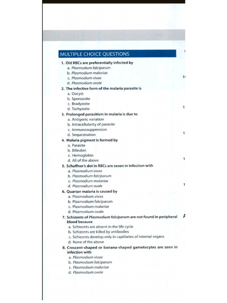 Plasmodium Parasitology MCQ - DKK | PDF