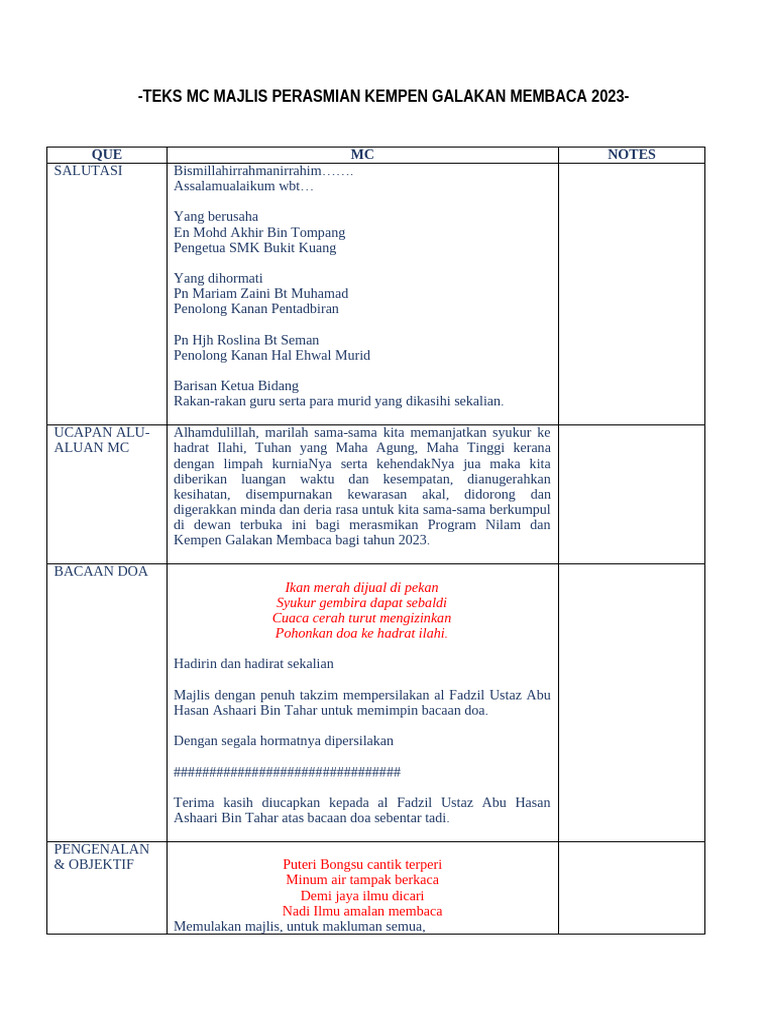 Teks MC Majlis Pelancaran Kempen Galakan Membaca 2023 | PDF
