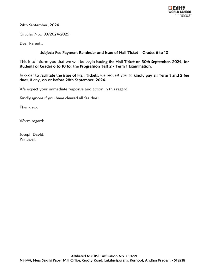 Circular 83 - Fee Payment Reminder and Issue of Hall Ticket - Grades 6 To 10 | PDF