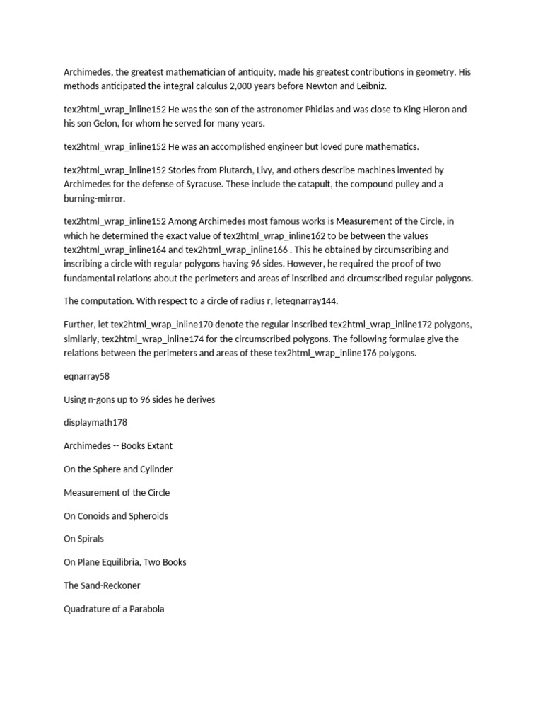Archimedes Contribution in The World of Mathematics | PDF | Lever ...