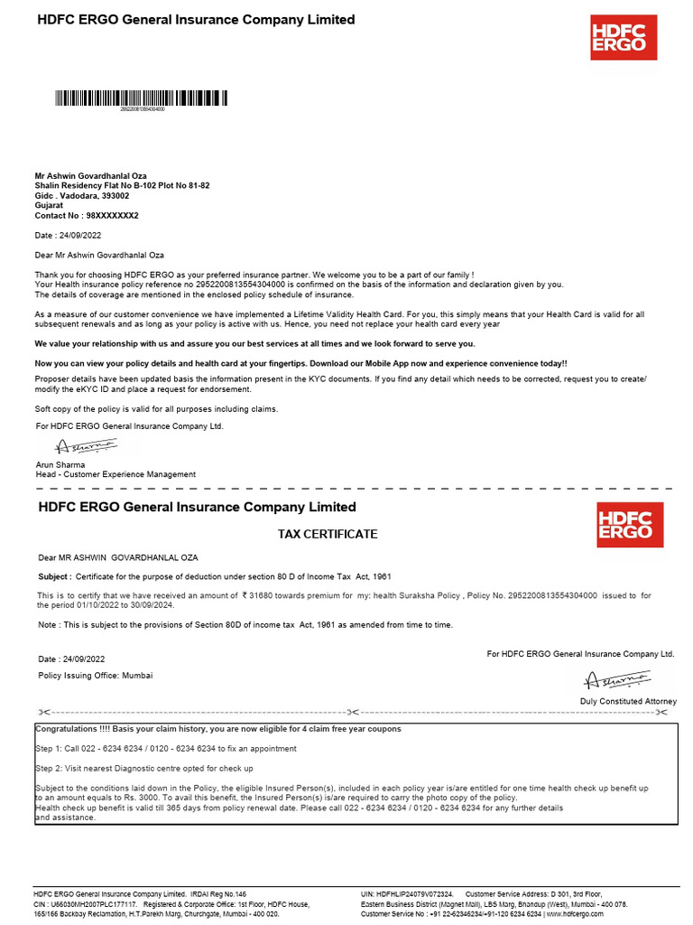 HDFC ERGO Health Insurance Policy Details | PDF | Insurance | Taxes