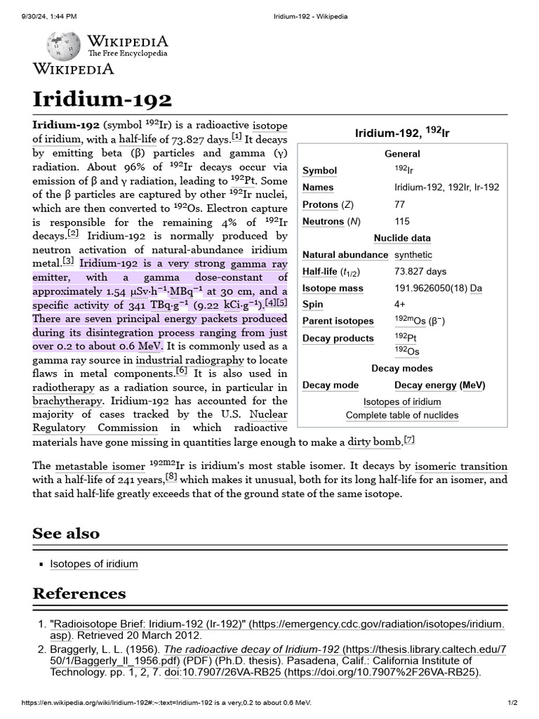 Iridium-192 Isotope Overview | PDF | Radioactive Decay | Nuclear Physics
