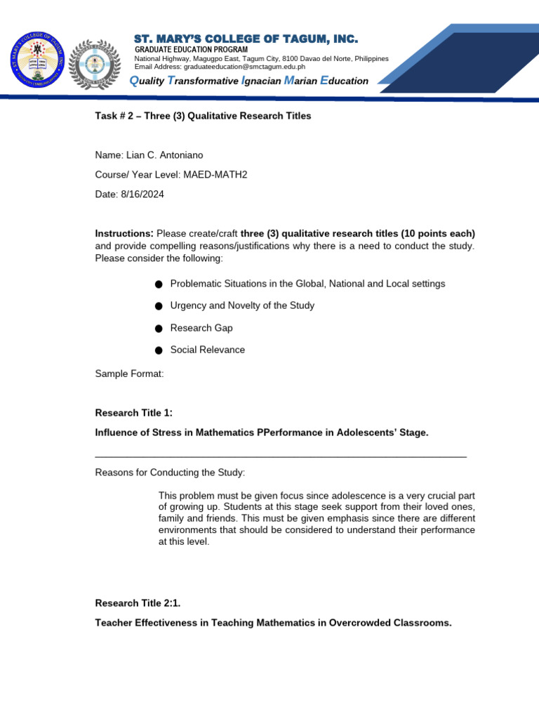 Task #2 - Formulating Quali Research Titles | PDF