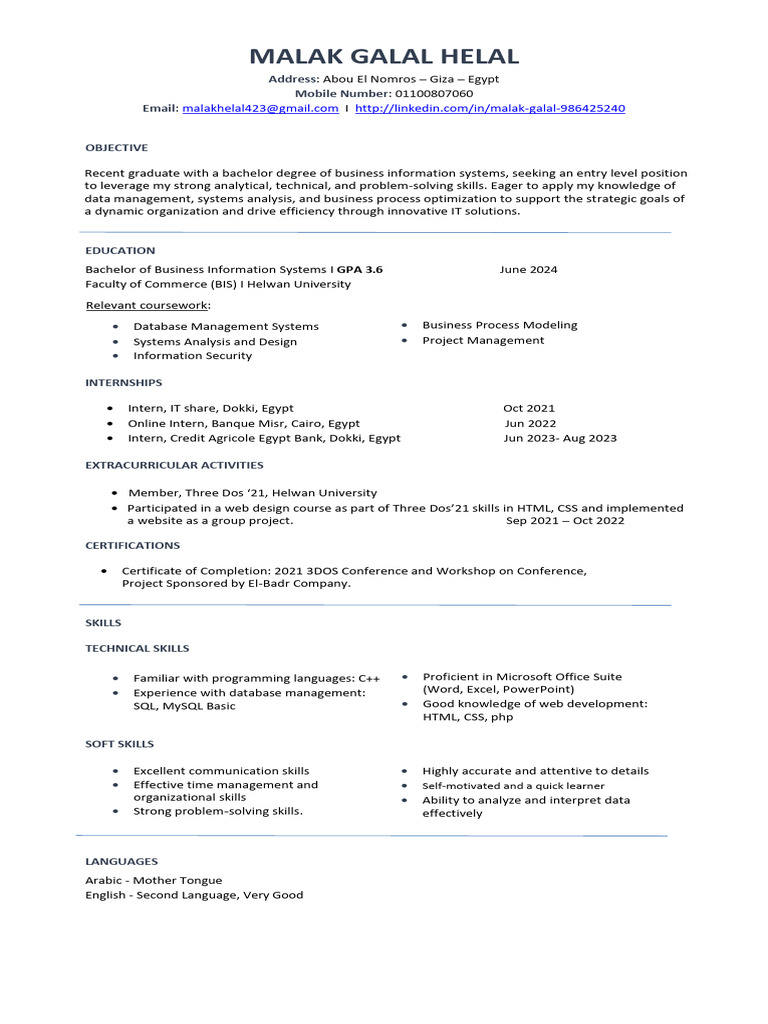 CV Malak Galal-1 | PDF | Databases | Computing