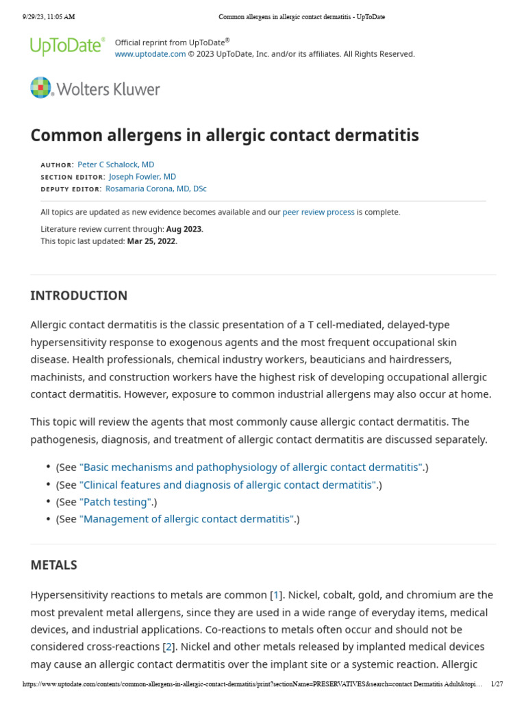 Common Allergens in Allergic Contact Dermatitis - UpToDate | PDF