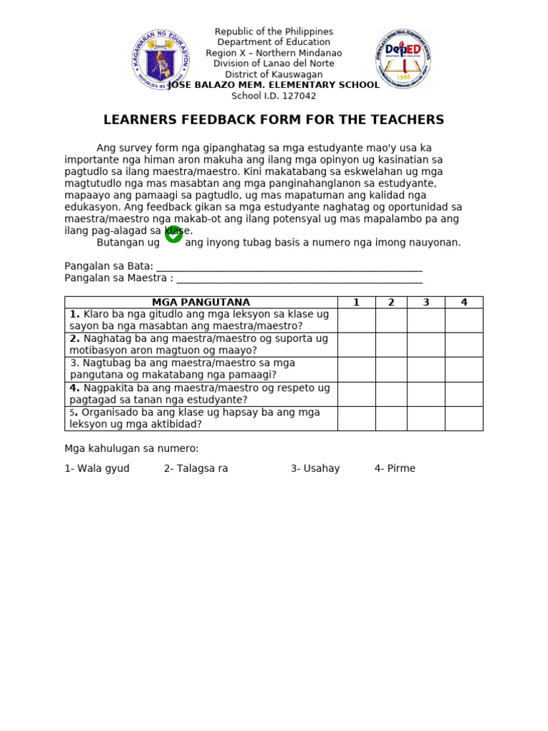 Learners Feedback Form For Teachers | PDF