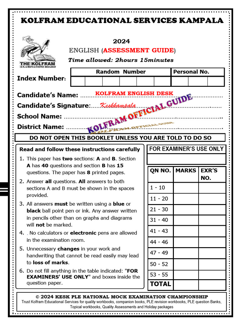 Kolfram National Mock Championship English Answer Guide 2024 Best | PDF
