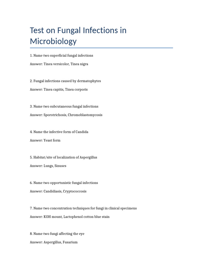 Fungal Infections Microbiology Questions | PDF