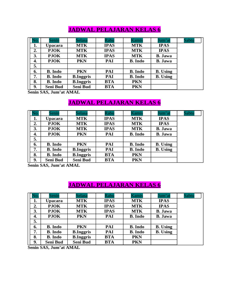 Jadwal Pelajaran Kelas 6 Kumer | PDF