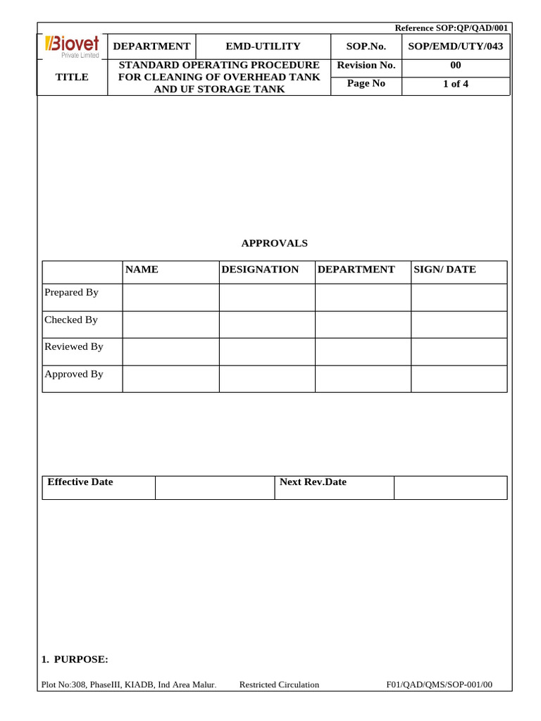 SOP for Overhead Tank Cleaning | PDF