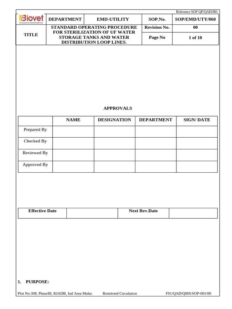 Sop For Sterlization UF STORAGE TANK | PDF | Valve | Sterilization ...