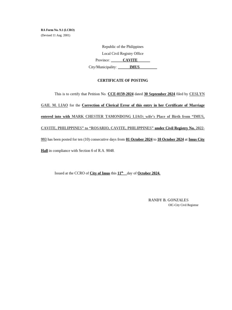 Certificate of Posting for Petition CCE-0159-2024 | PDF