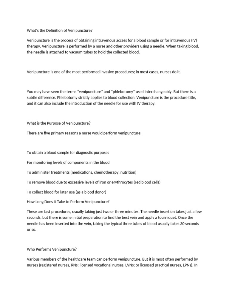 Venipuncture Procedure | PDF