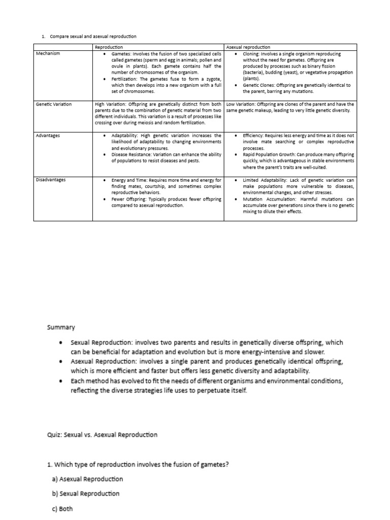 Compare Sexual and Asexual Reproduction - Student | PDF | Reproduction ...