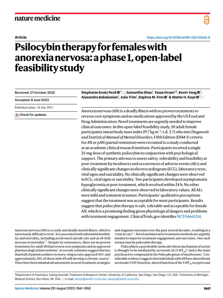 Psilocybin Therapy For Females With Anorexia Nervosa: A Phase 1, Open ...
