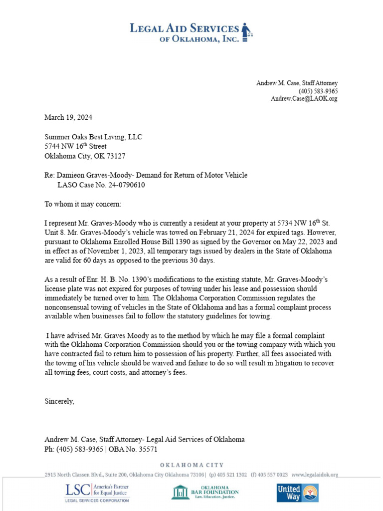 Graves-Moody - Towing Demand Letter | PDF